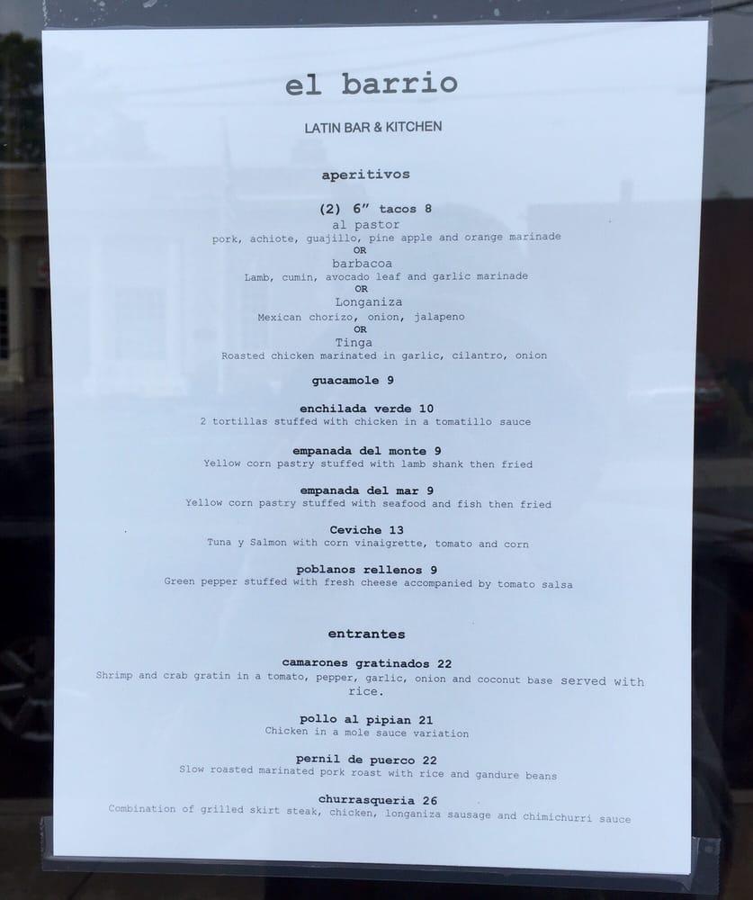 Menu at el barrio, Milford