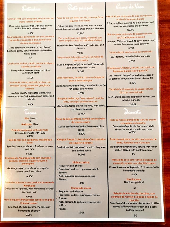 Menu at Artefact pub & bar, Tavira