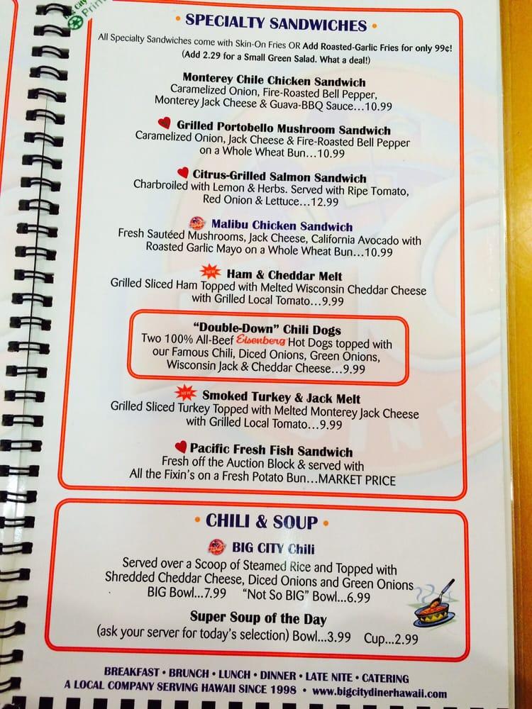 Menu at Big City Diner restaurant, Waipahu, 94-800 Ukeʻe Street #305