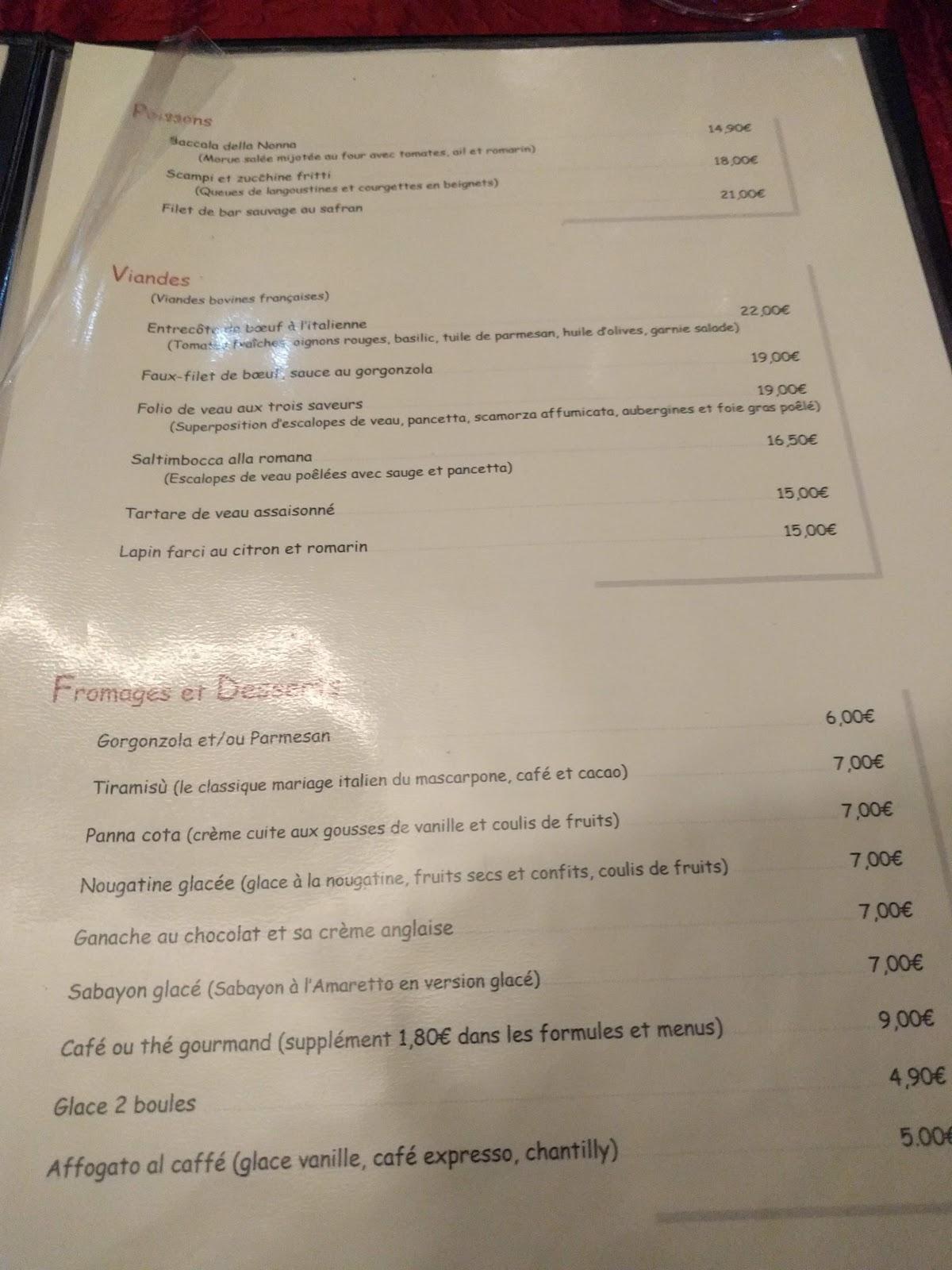 Menu at La Trattoria restaurant, Caen