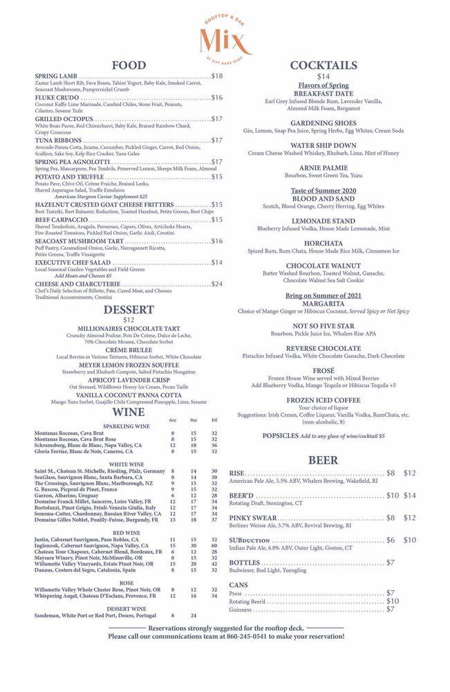 Menu at Mix Rooftop & Bar at Sift, Groton