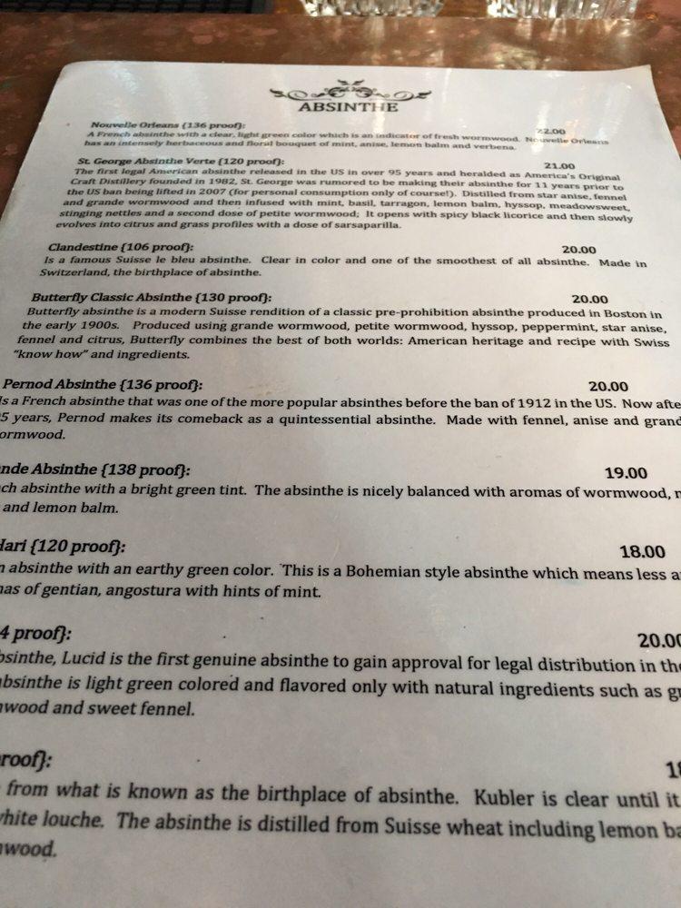 Carta del pub y bar Old Absinthe House, Nueva Orleans, 240 Bourbon St