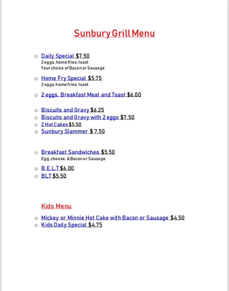 Menu at Sunbury Grill restaurant, Sunbury