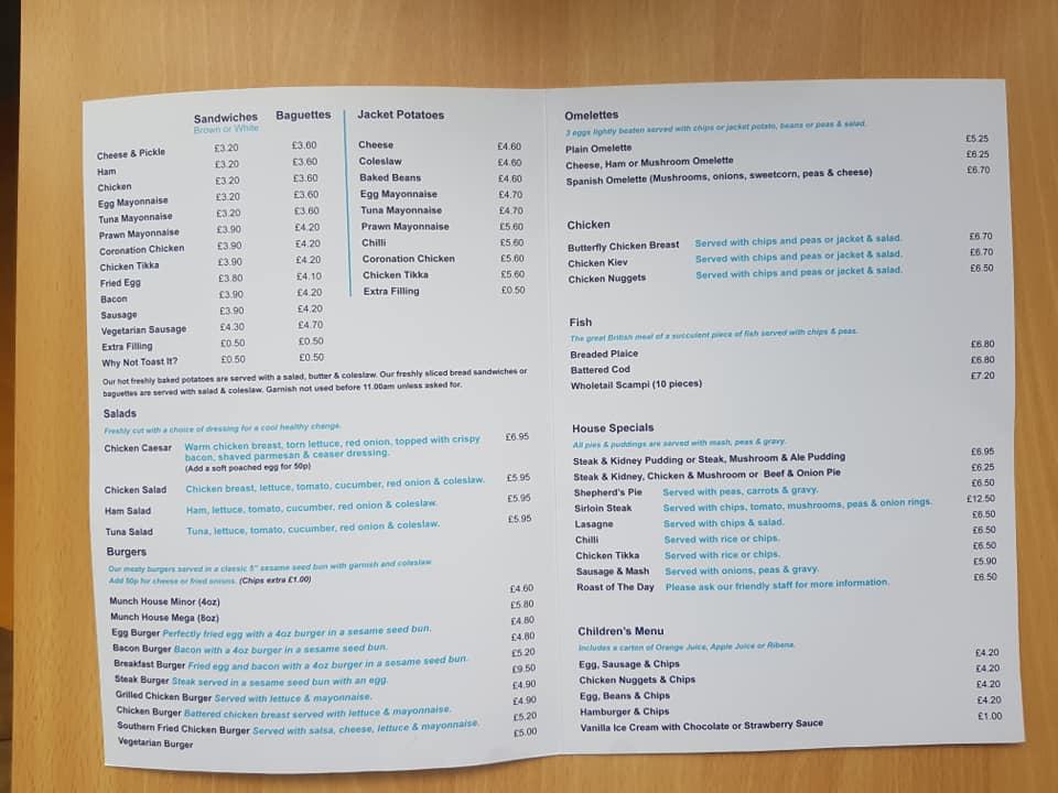 Menu at The Munch House cafe, Maidstone