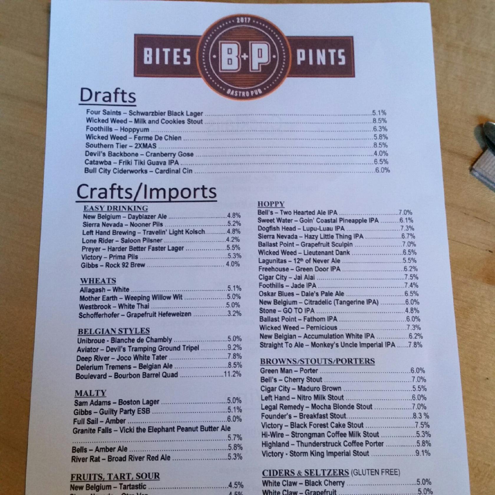Menu at Bites and Pints Gastro Pub, Greensboro