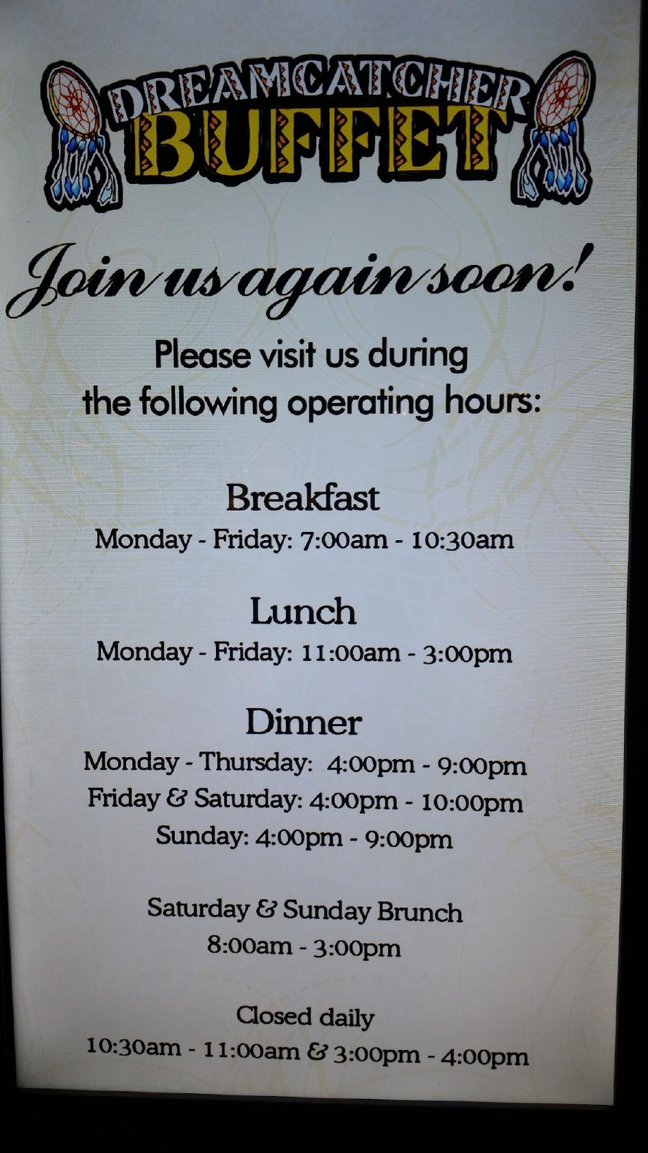 Menu at Dreamcatcher Buffet-Feather restaurant, Oroville