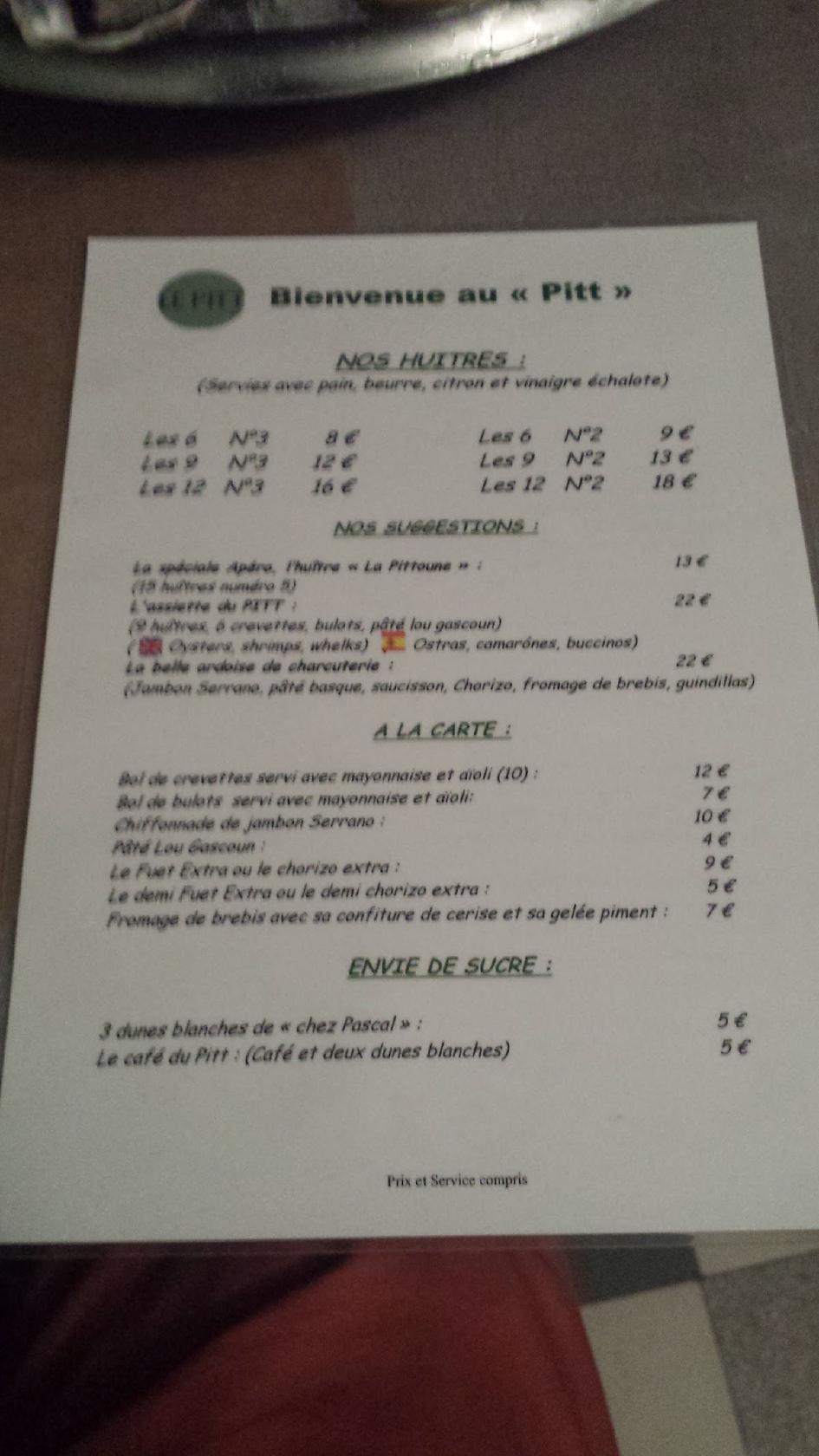 Menu at LE PITT restaurant, Arcachon