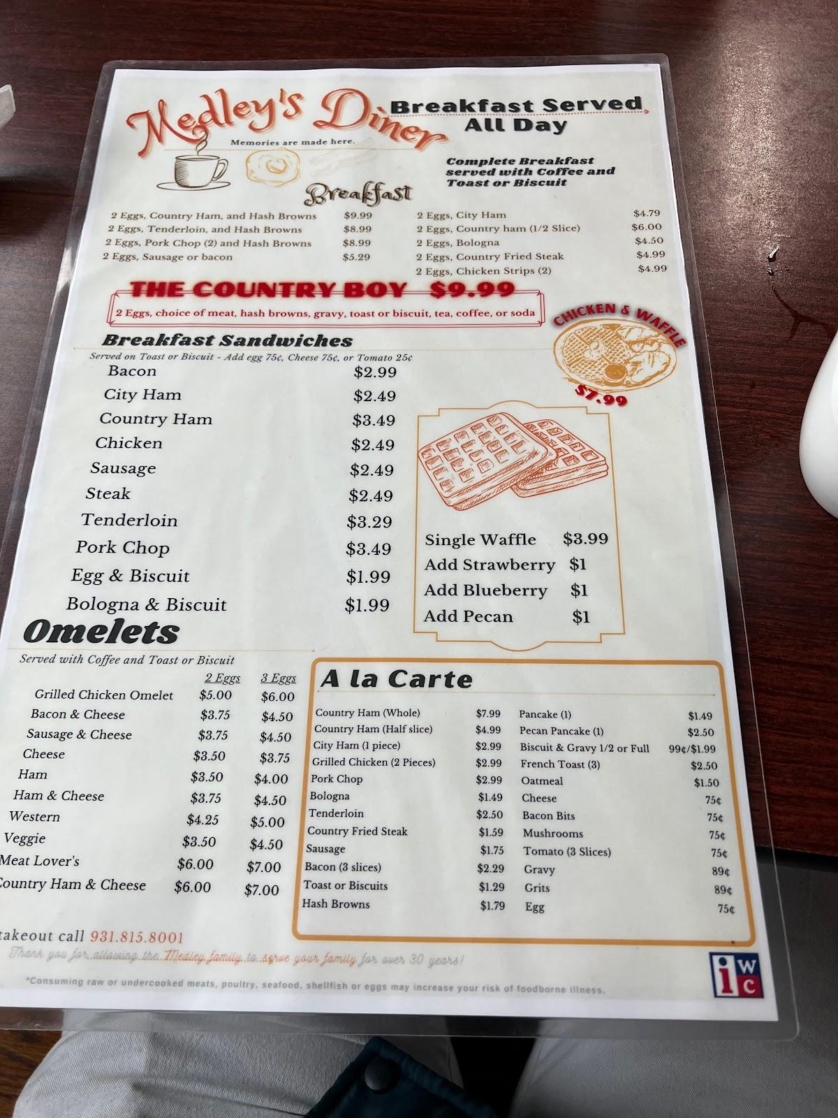 Menu at Medley's Diner restaurant, Morrison, 7783 Manchester Hwy