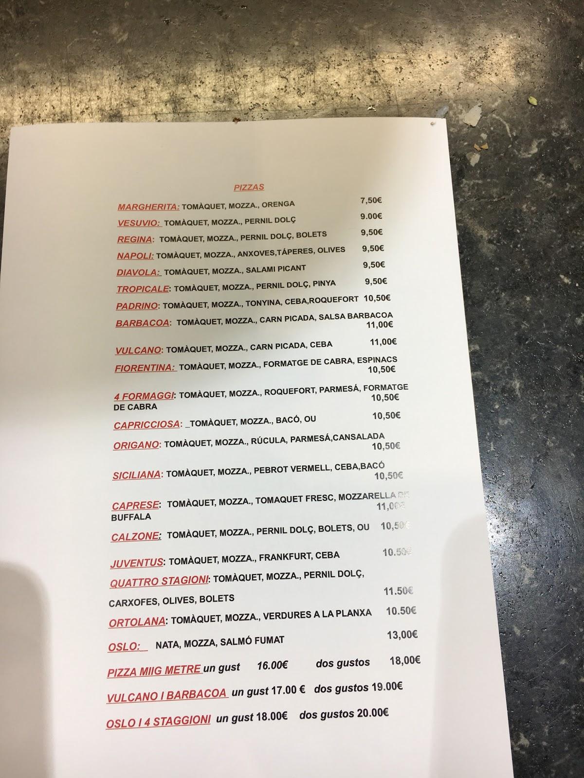 Carta de PIZZERIA ORIGANO, Figueras, Carrer Orient