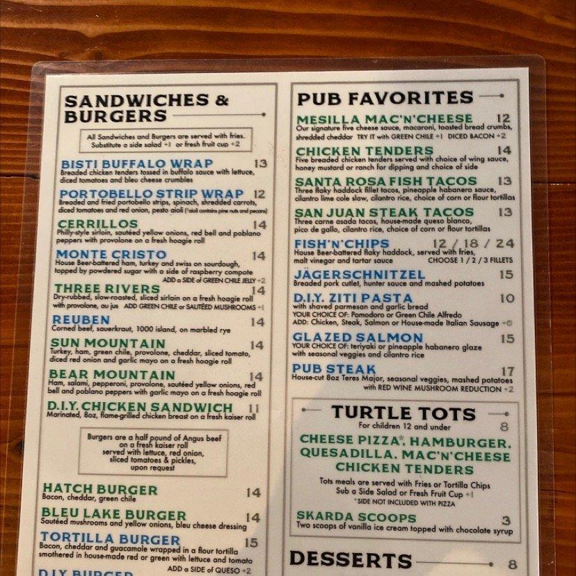 Menu at Turtle Mountain North pub & bar, Rio Rancho