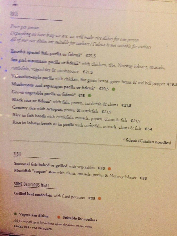 Menu at Xiringuito Escribà restaurant, Barcelona