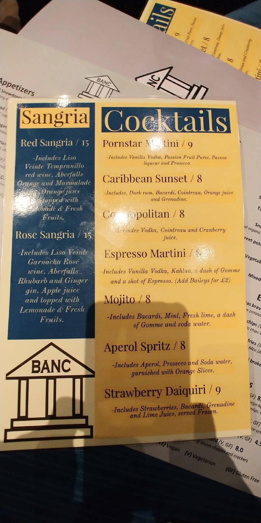 Menu at Banc Restaurant, Porthmadog