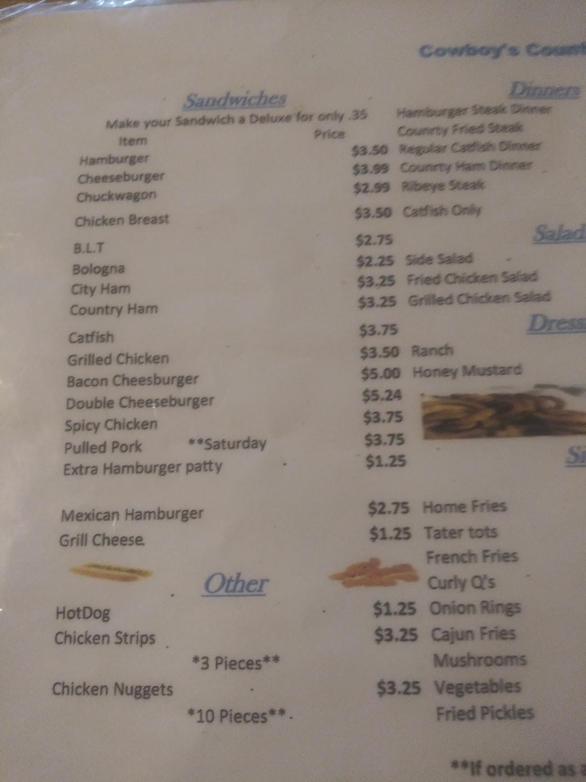 Menu at Cowboy's Country Cookin' restaurant, Glasgow