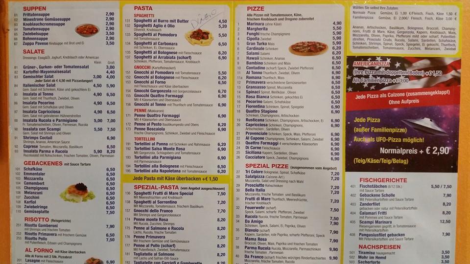 Menu at Da Franco pizzeria, Vienna, Preßgasse 30