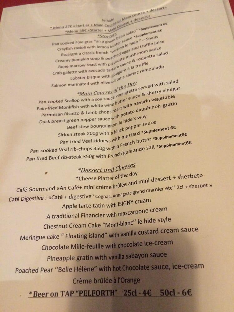 Menu at LE HIDE restaurant, Paris
