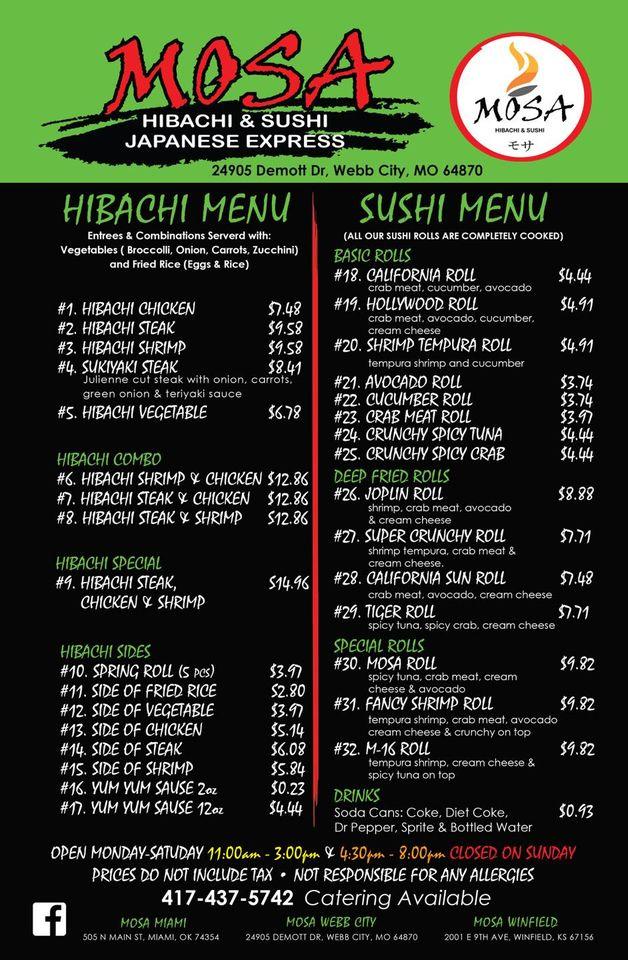 Menu at MOSA Hibachi & Sushi Japanese Express Webb City restaurant ...