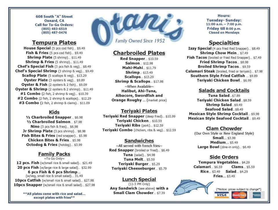 Menu at Otani's Seafood restaurant, Oxnard