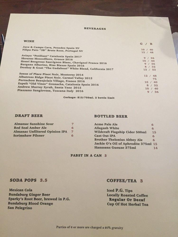 Menu at Poppy Hall restaurant, Pacific Grove
