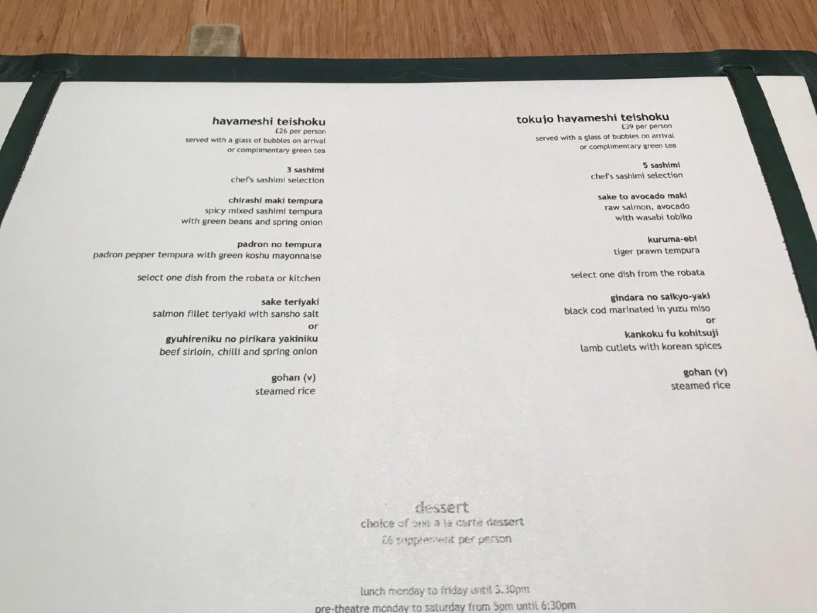 Menu at ROKA Aldwych restaurant, London, 71 Aldwych