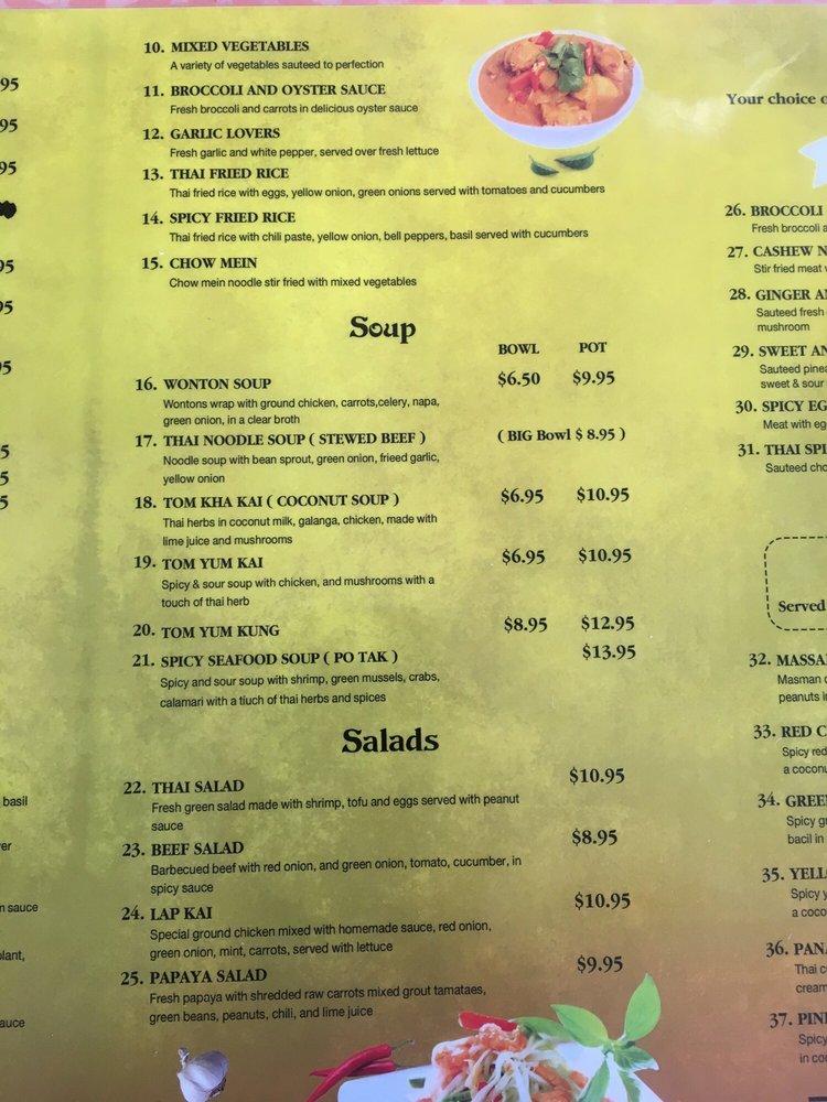 Menu at Thai 66 restaurant, Kingman