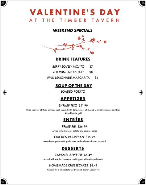 Menu at Timber Tavern pub & bar, Parishville