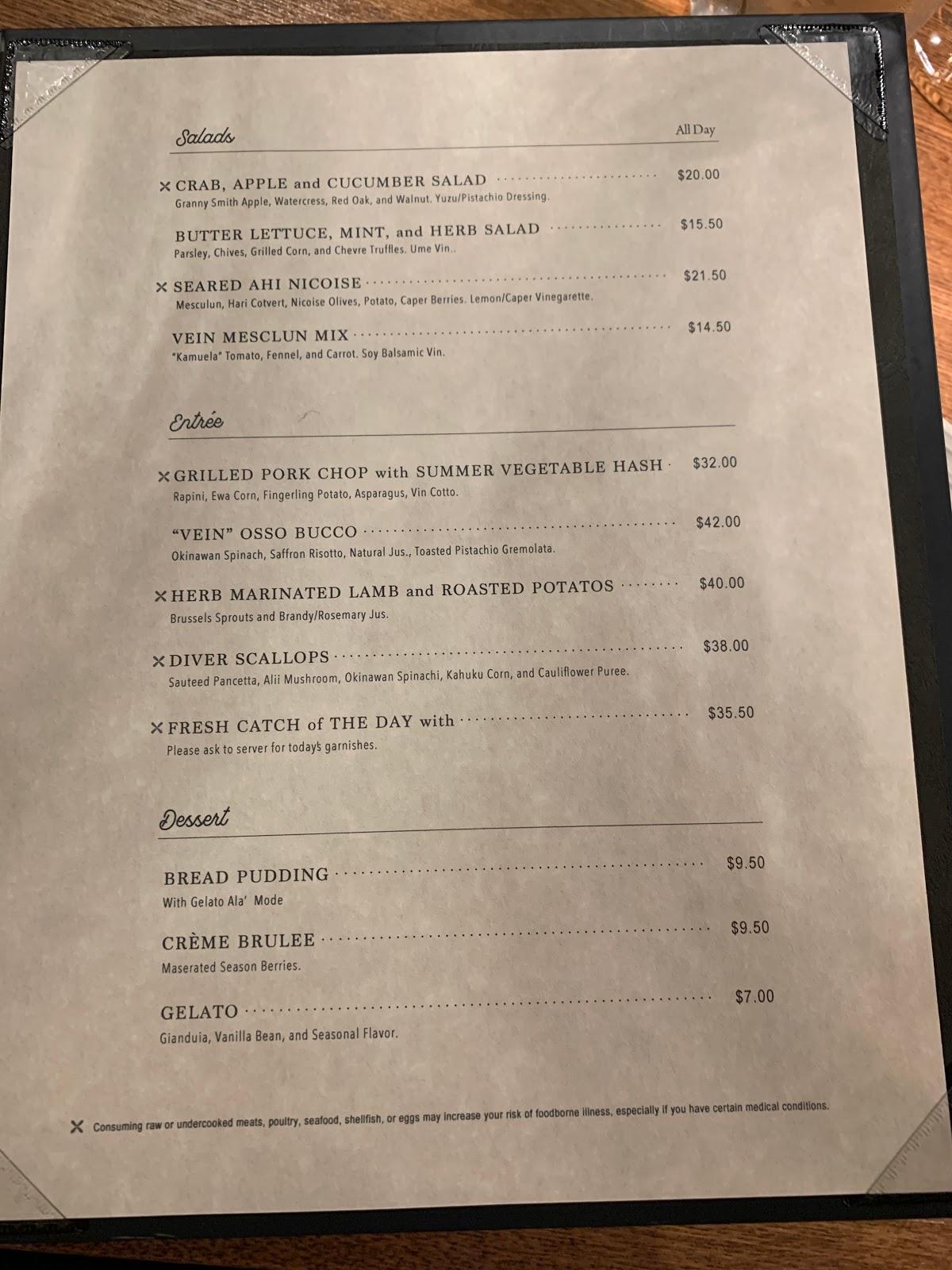 Menu at vein at KAKA'AKO restaurant, Honolulu