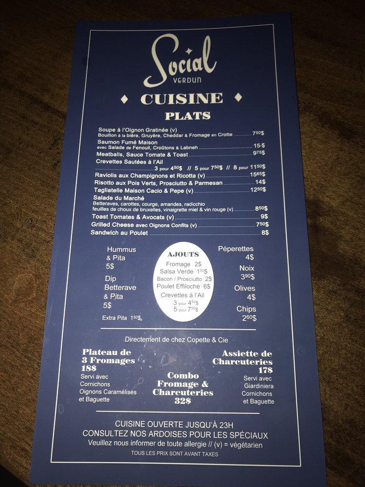 Menu au Bar Social Verdun, Montréal