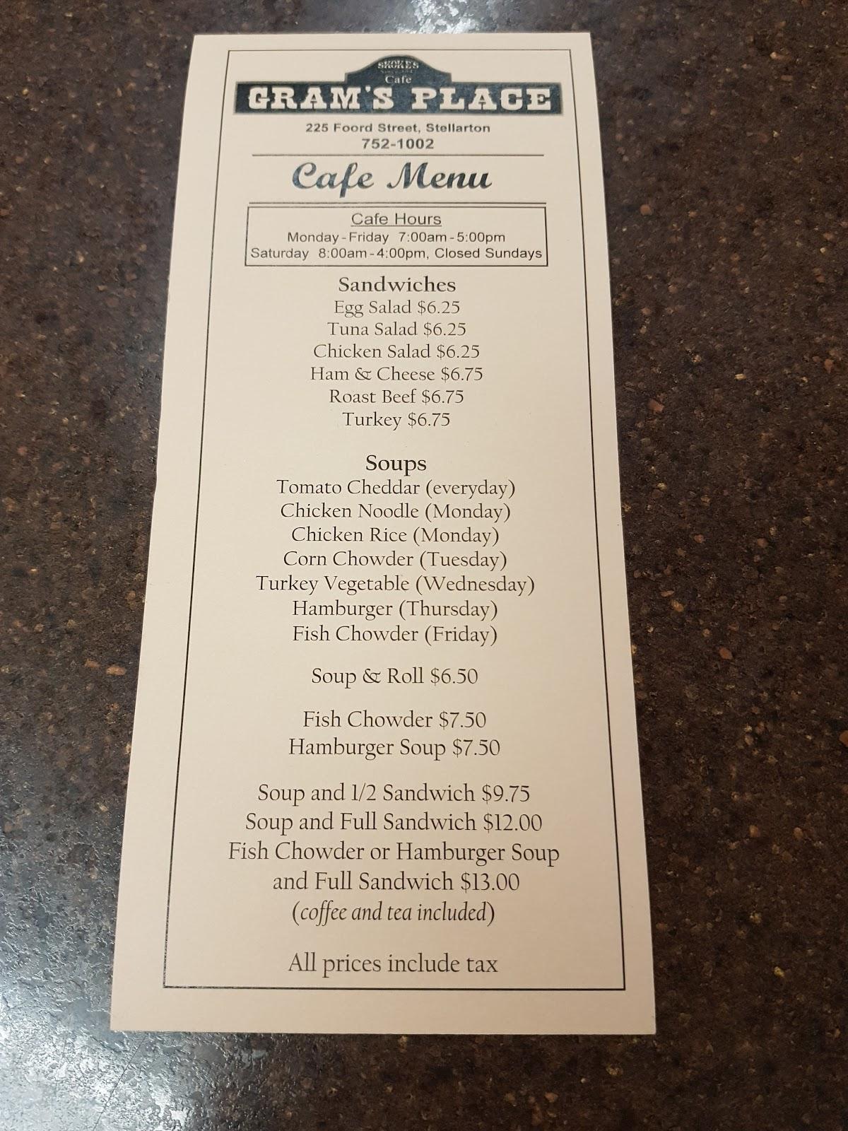Menu at Gram's Place restaurant, Stellarton