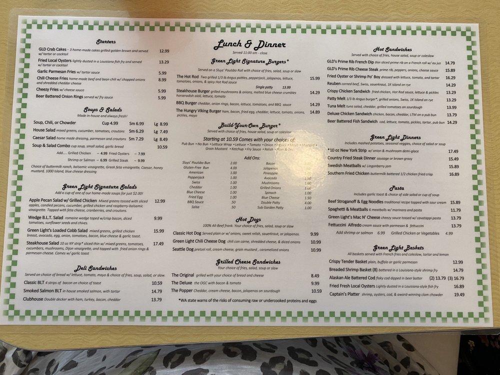 Menu at Green Light Diner restaurant, Poulsbo