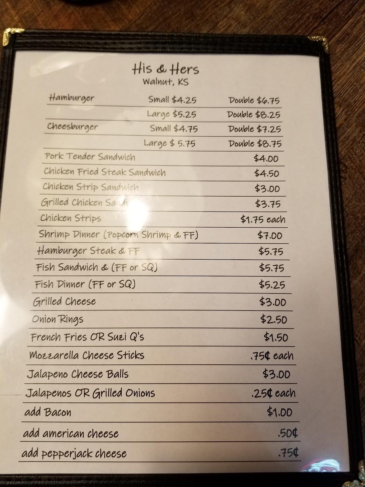 Menu at His & Hers Bar & Grill, Walnut