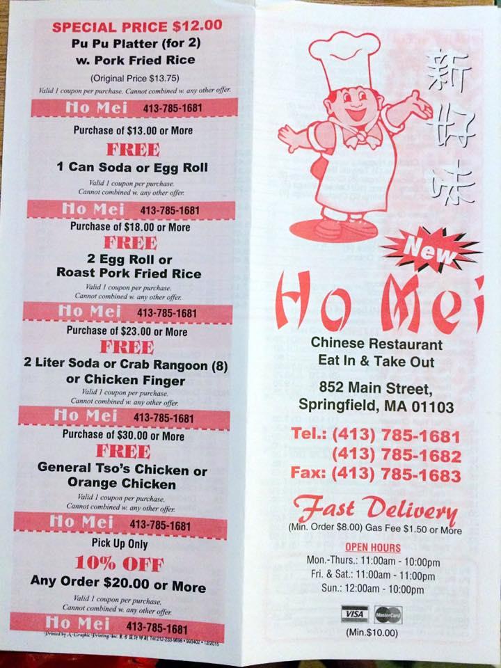 Menu at Ho Mei restaurant, Springfield