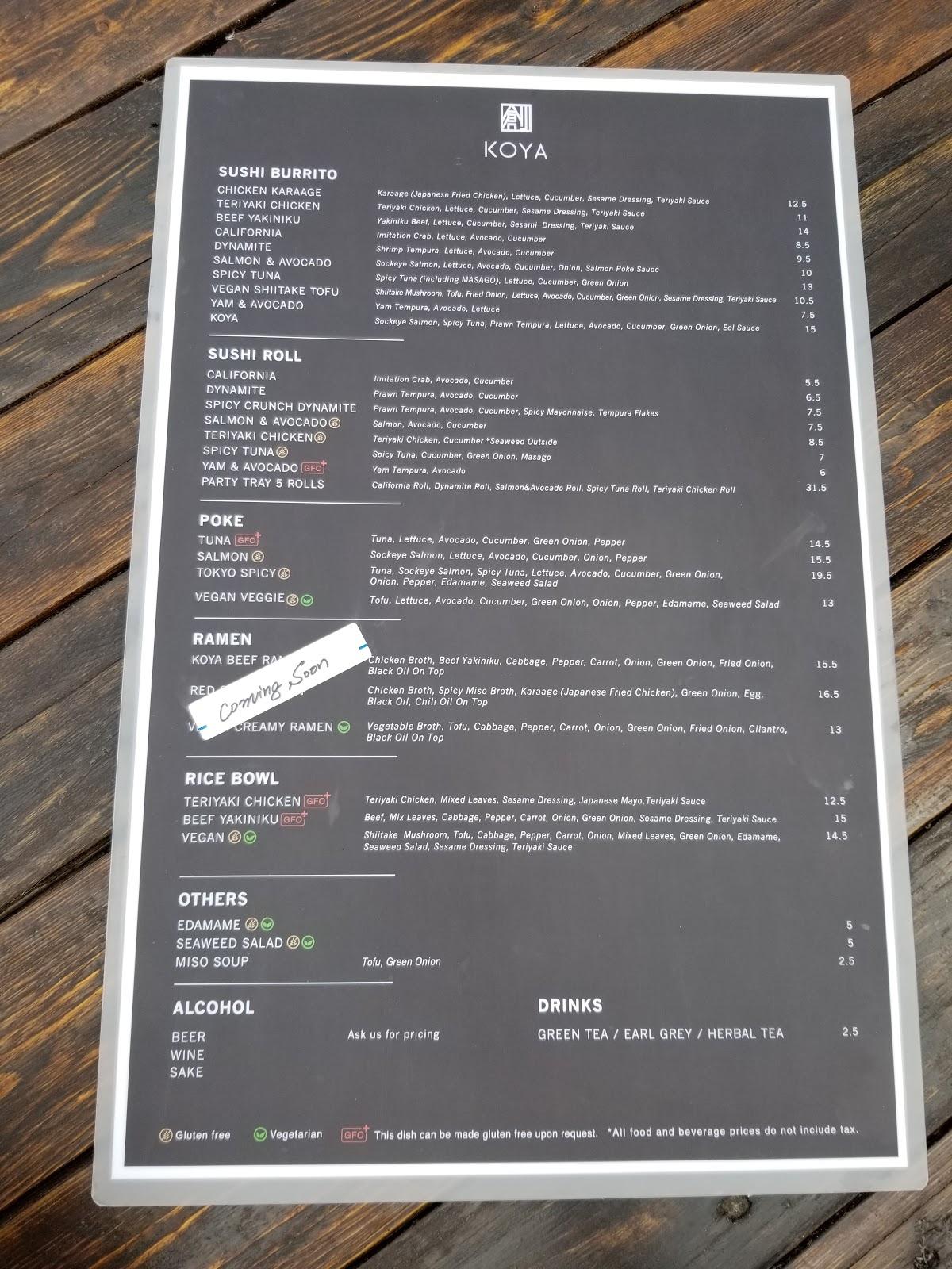 Menu at KOYA Penticton restaurant, Penticton