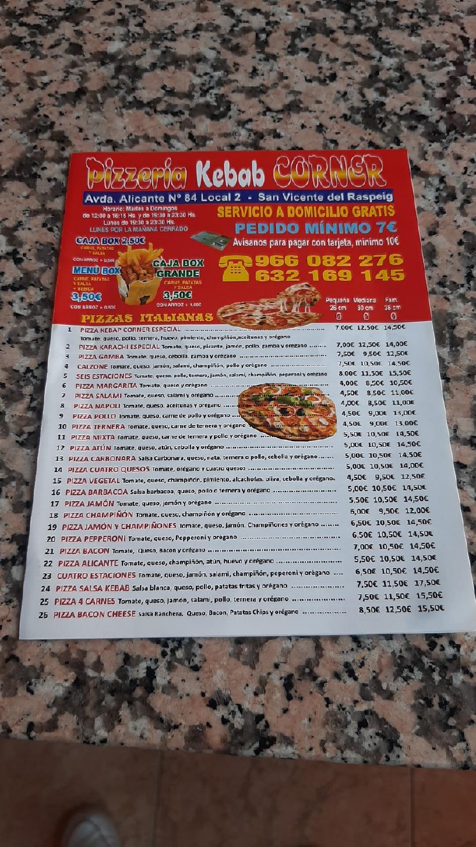 Carta del restaurante Kebab Corner, San Vicente del Raspeig