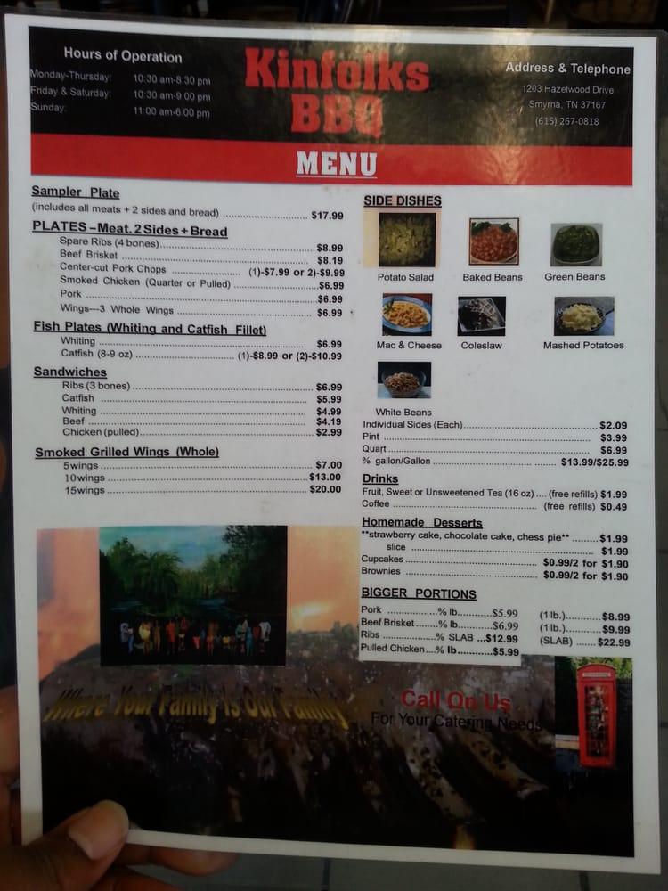 Menu at Kinfolks BBQ, Smyrna