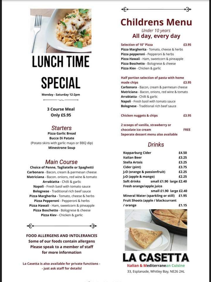 Menu at La Casetta Italian & Mediterranean Cuisine restaurant, Whitley Bay