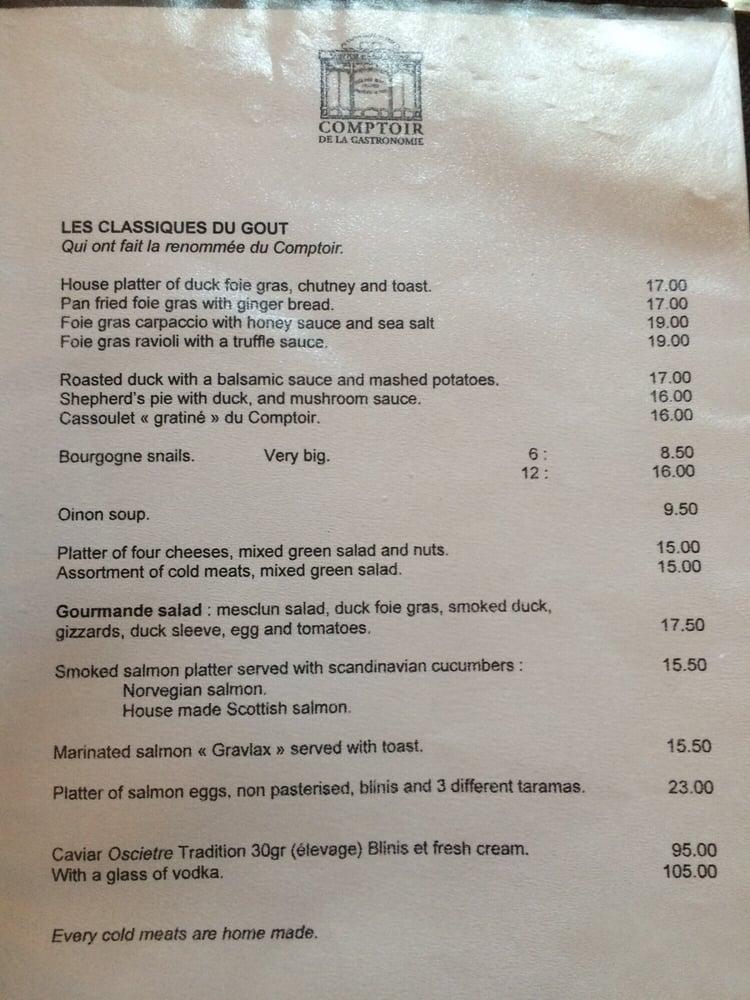 Menu at Le Comptoir de la Gastronomie restaurant, Paris