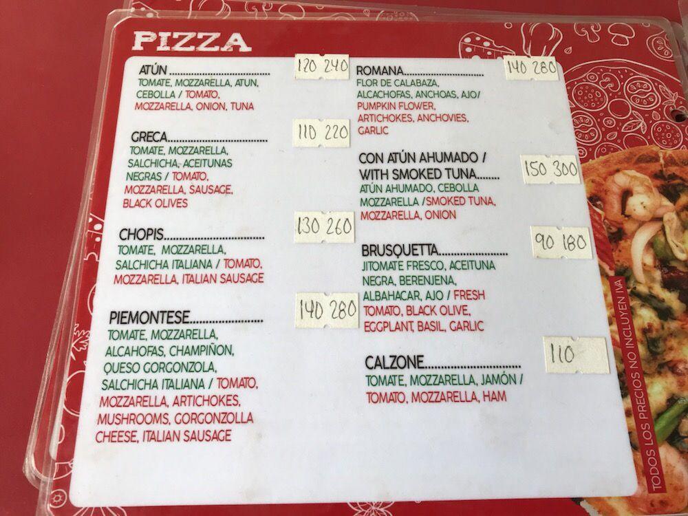 Menu at Luna Rossa restaurant, Puerto Escondido