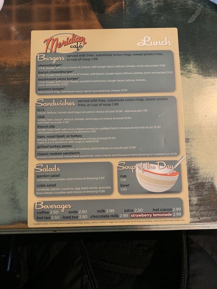 Menu at Meridian Cafe, Puyallup