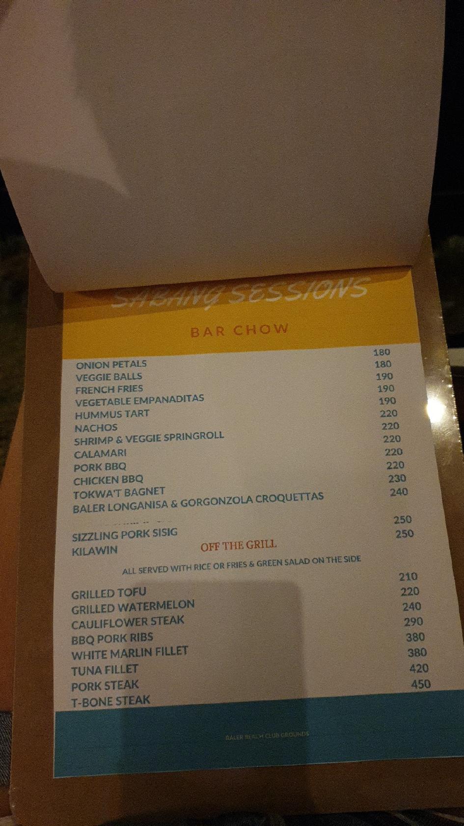 Menu at Saban sessions pub & bar, Baler