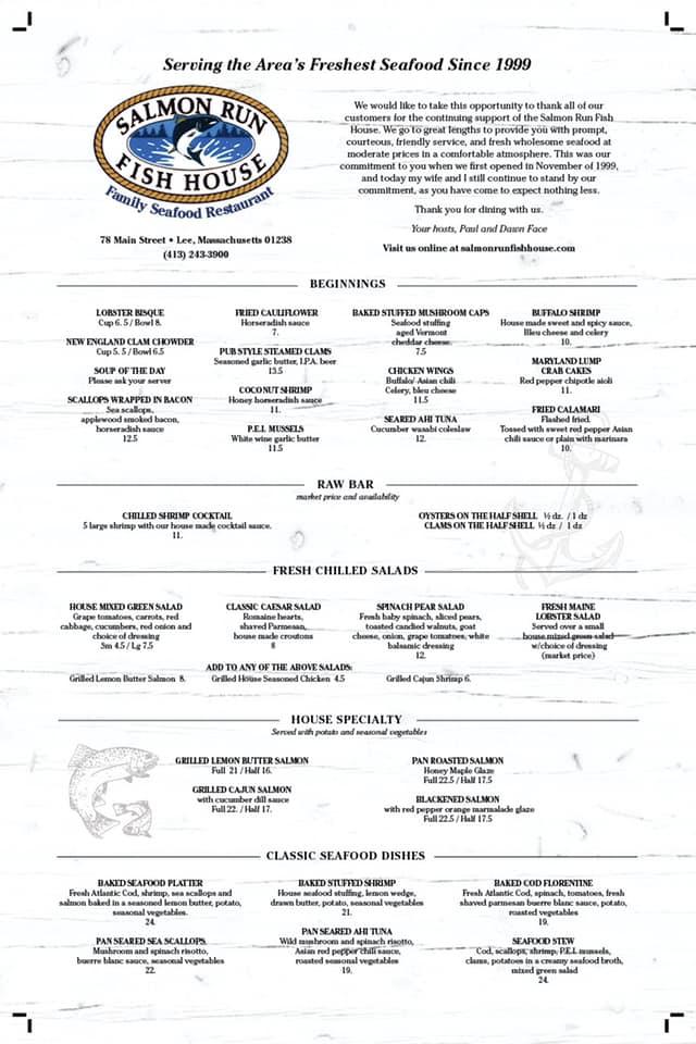Menu at Salmon Run Fish House restaurant, Lee, 78 Main St