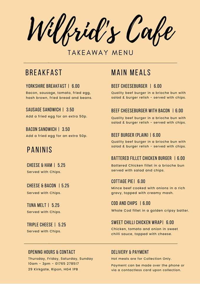 Menu at Wilfrid's Cafe, Ripon