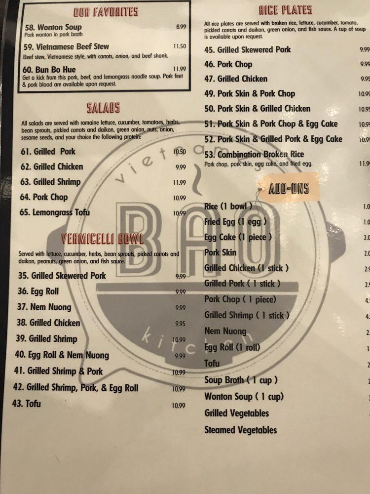 Menu at Bao Vietnamese Kitchen restaurant, Baton Rouge