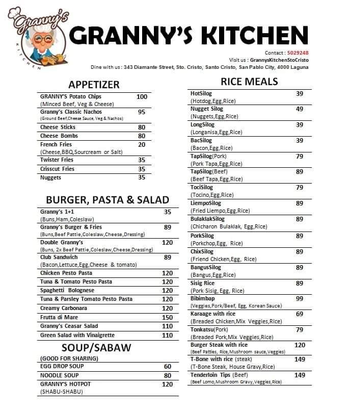 Carta del restaurante Granny's Kitchen, San Pablo