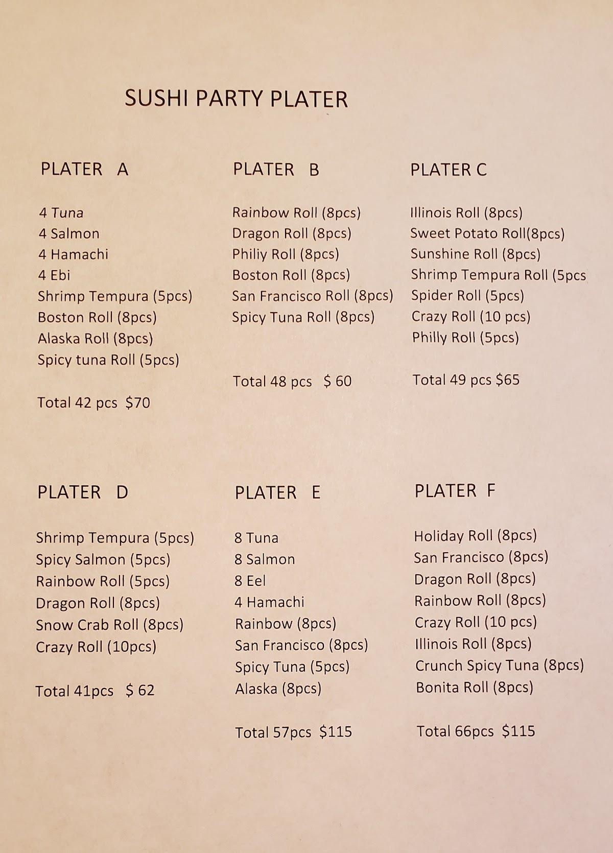 Menu at Taste of Tokyo restaurant, Buffalo Grove, 159-163 McHenry Rd