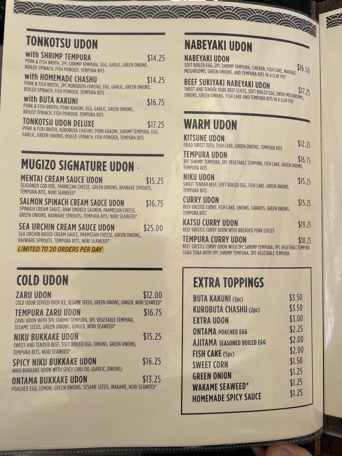Menu at Udon Mugizo restaurant, Mountain View