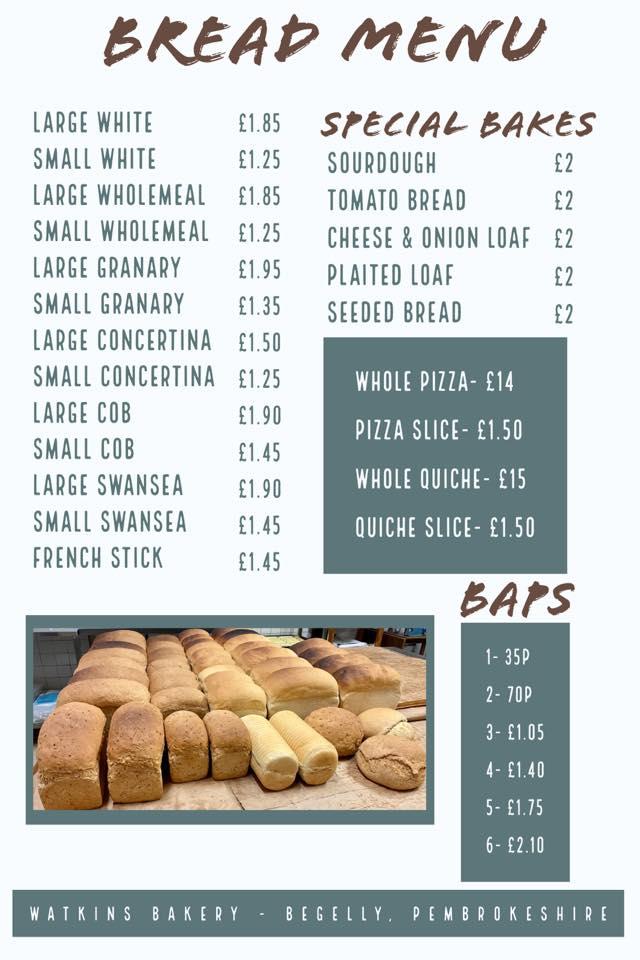 Menu at Watkins Bakery, Begelly