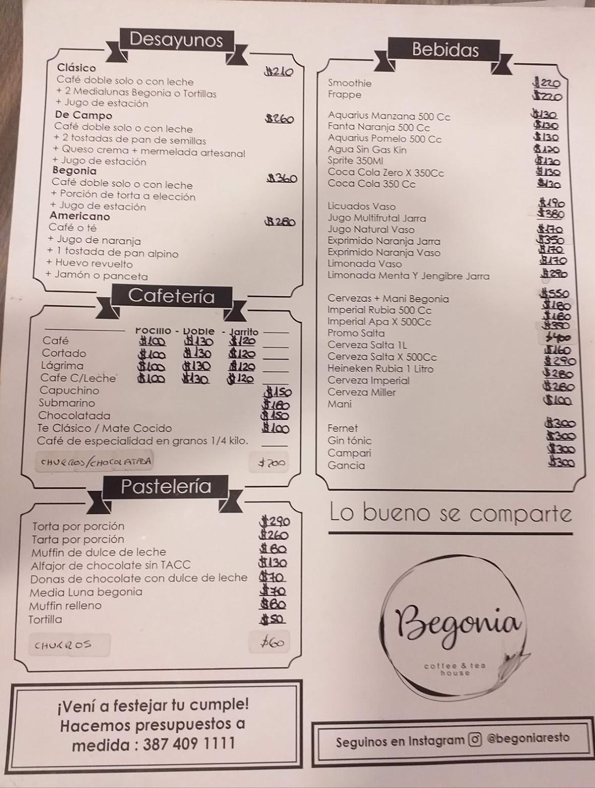 Carta del café Begonia, Salta