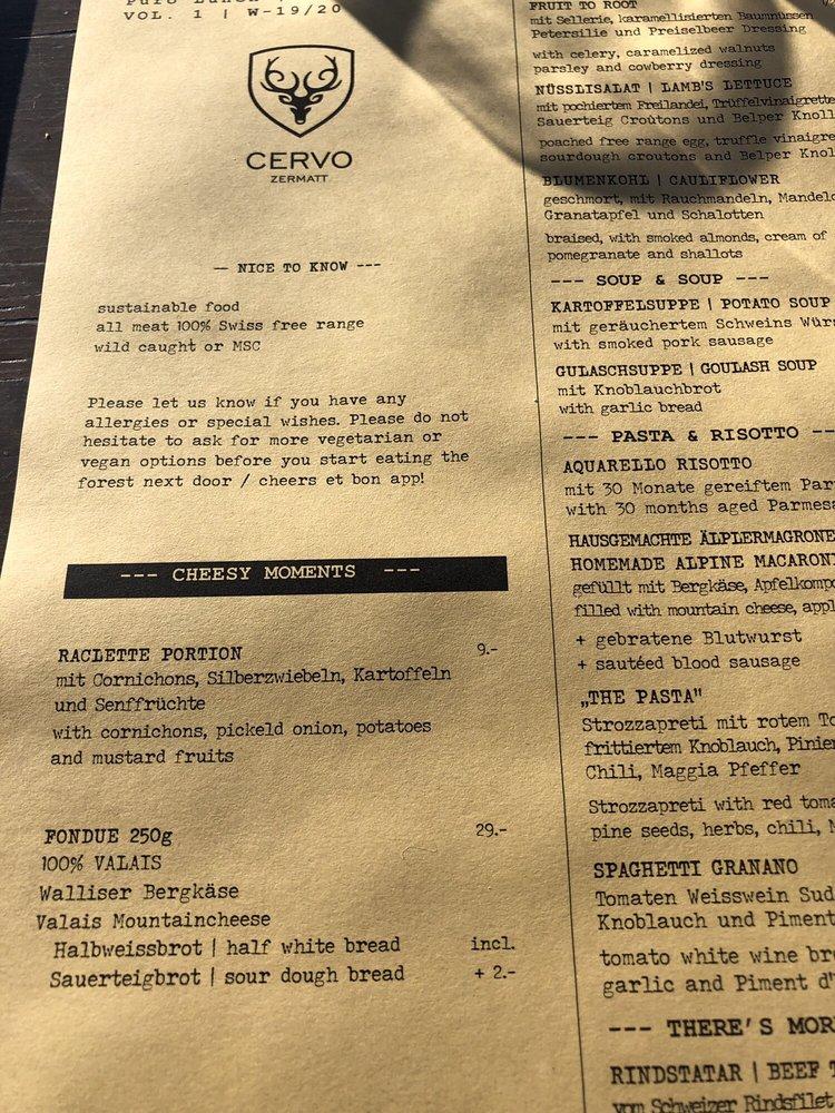 Menu da CERVO Mountain Resort, Zermatt
