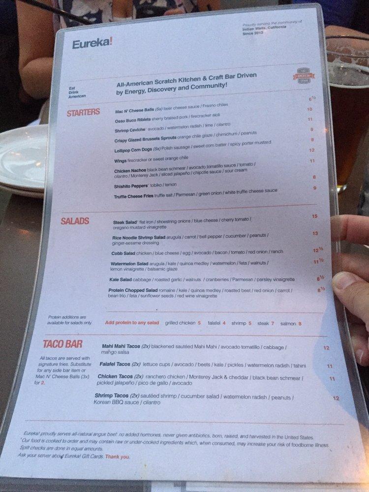 Menu at Eureka! restaurant, Indian Wells