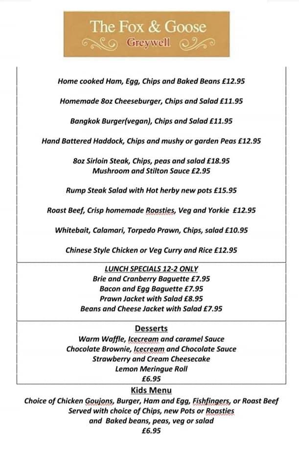 Menu at Fox & Goose pub & bar, Greywell, The St